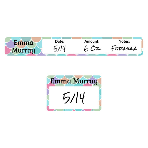 Mermaid Pattern Baby Bottle Cap and Ring Write-On Labels | Name Bubbles