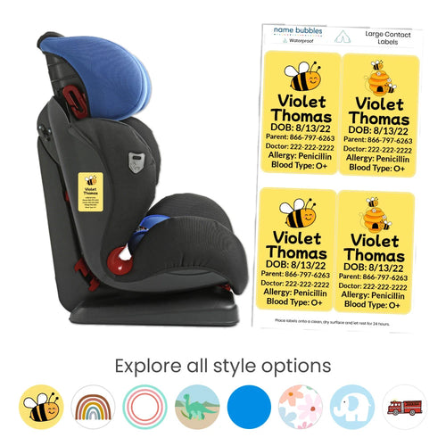 Custom Car Seat Labels | Name Bubbles